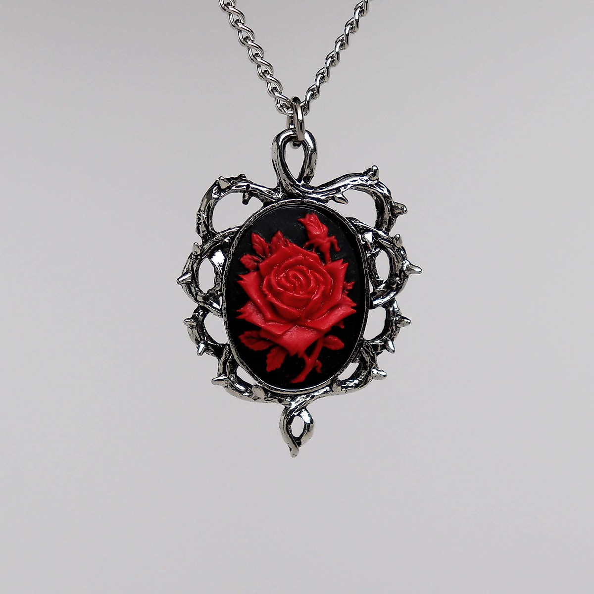 Gothic Red Rose Cameo In Thorns Pendant Necklace