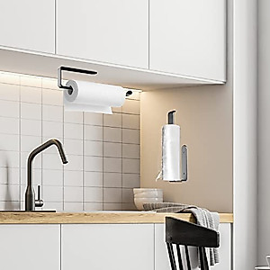 Paper Towel Holder Under Cabinet, Wall Mount Under Counter Paper Towel Holder, Self Adhesive or Drilling, Hanging Paper Towel Rack for Kitchen, Bathroom, RV (Black)