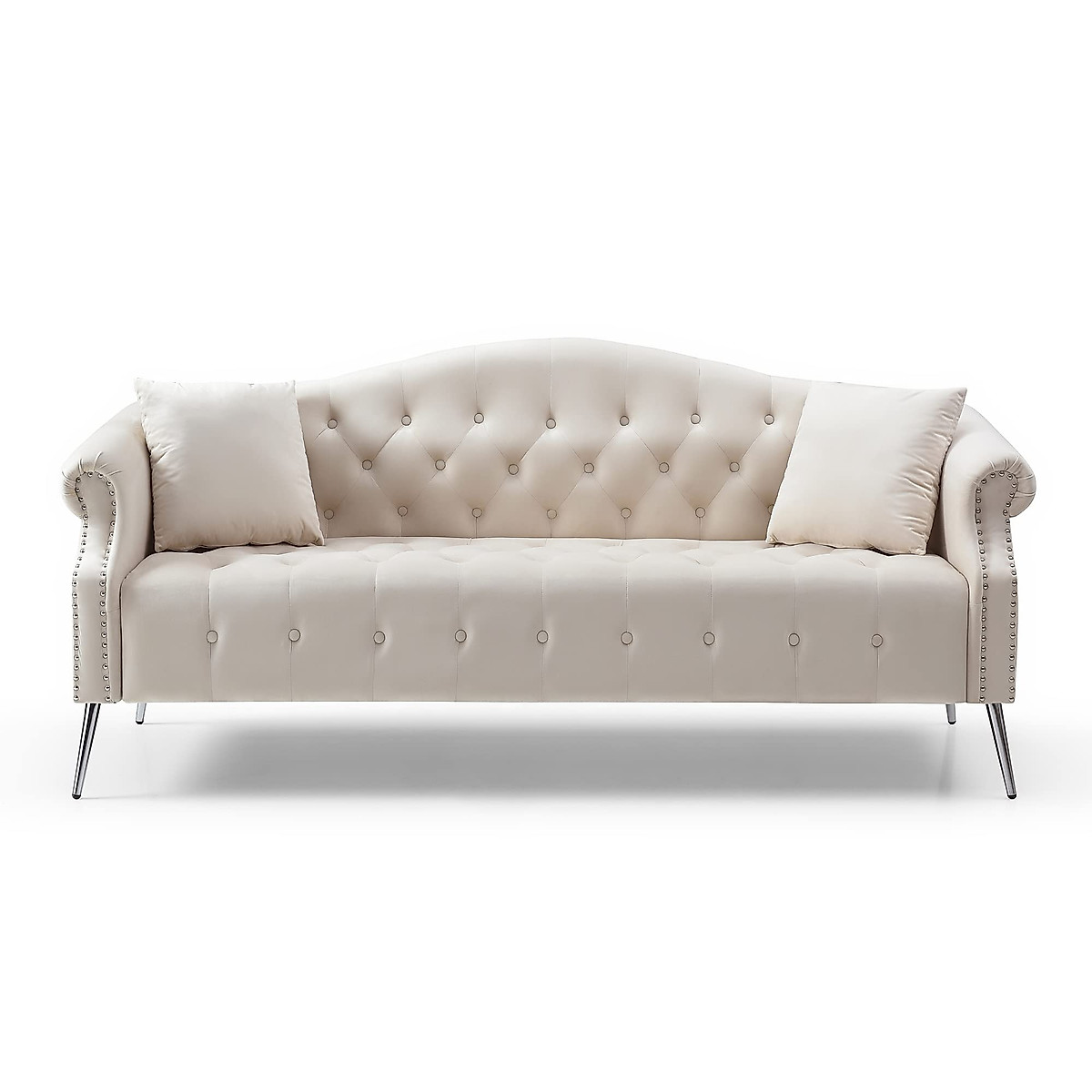 FIQHOME, 78.7" Classic Chesterfield Velvet Sofa Contemporary Upholstered Couch with Button Tufted and Rolled Arms, 2 Pillows Included, 3 Seater, Beige