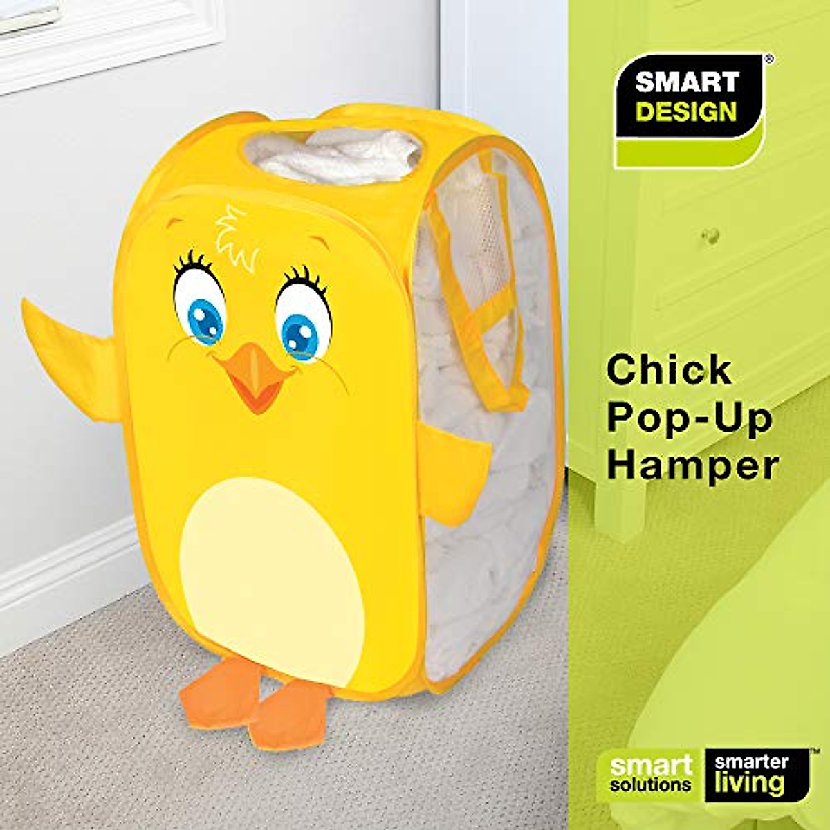 Smart Design Kids Pop Up Organizer with Animal Print - VentilAir Mesh Netting - for Toddlers, Baby Clothes, Plushies, and Toys - Home Organization - Hamper - 13 x 21 Inch - Yellow Chick