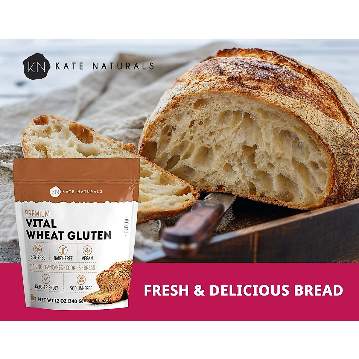 Kate Naturals Vital Wheat Gluten for Bread Making, Baking & Seitan (12oz). Natural Powder for Bread Machine. Non-GMO, High Protein Flour, Low Carb Bread for Vegan Gluten & Keto
