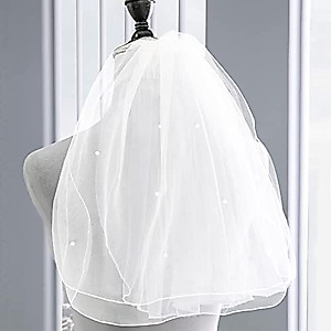 CCINEE Bachelorette Party Pearl Bridal Veil, Women's Short Wedding Veils with Comb 2 Tier Beads Bridal Veil Headband Decorations for Bride To Be Gift Wedding 40cm/15.7"(Ivory)