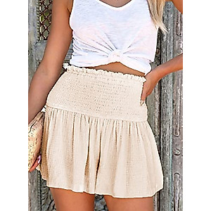 Aytitium Womens Shorts for Summer Casual 2023 Fashion Cotton High Elastic Waisted Pleated Cute Beach Flowy Shorts Short Linen Pants Beige XL