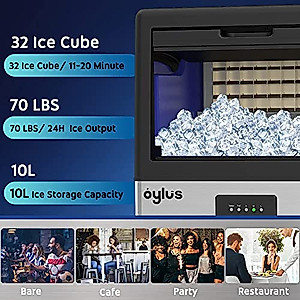 Commercial Ice Maker Machine, OYLUS 70 lbs/24H Stainless Steel Ice Cube Machine with 10 lbs Bin Ice Storage Capacity Easy Control Under Counter Free Standing for Home, Bar and Offices 120V