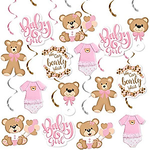 20Pcs Pink Bear Baby Shower Hanging Swirls Decorations, We Can Bearly Wait Kids Bear Themed Foil Ceiling Swirls for It's A Girl Gender Reveal Photo Prop Hanging Decor Streamers Birthday Party Supplies