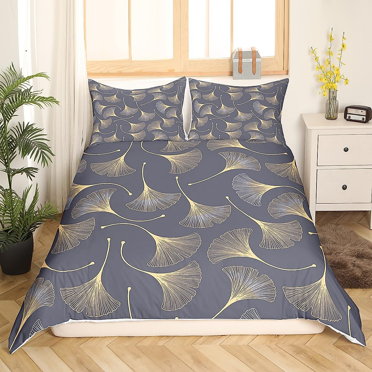 Ginkgo Leaf Duvet Cover Set King Size,Rustic Leaves Autumn Plant Comforter Cover with 2 Pillowcases Bedspread,Nature Botanical Grey Golden Microfiber Quilt Cover for Adult Women,3 Pcs