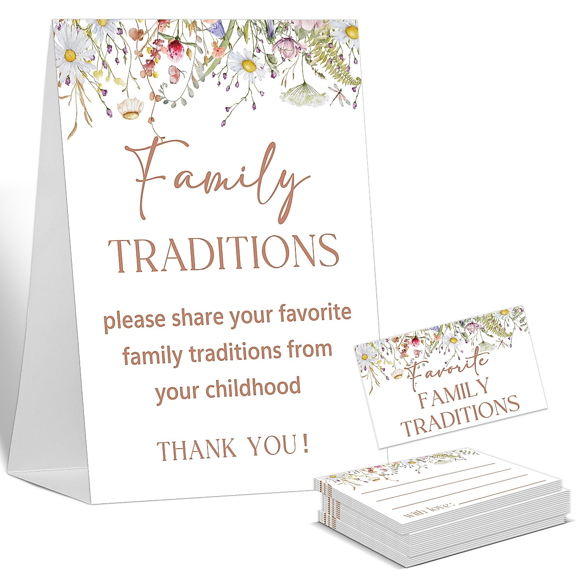 Baby Shower Games Family Traditions Sign, 1 Standing Sign and 50 Cards, Boho Floral Gender Neutral Decoration, Gender Reveal Party, Bridal Shower Favor Supplies-LT18