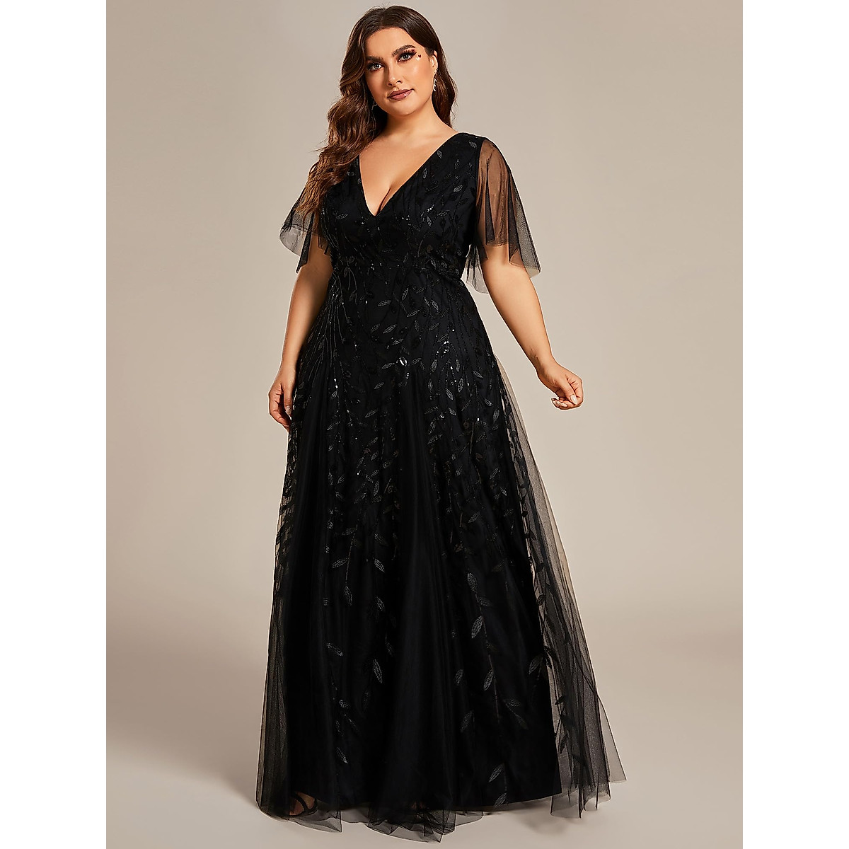 Ever-Pretty Womens Plus Size Sequin Emboridery Formal Evening Dresses with Sleeves Black US18
