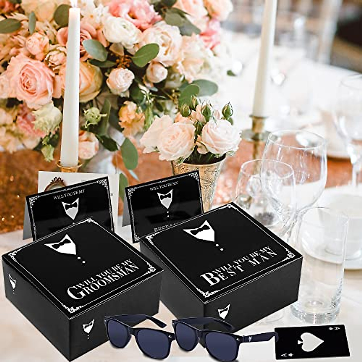 40 Pieces Groomsmen Proposal Box Set of 8 Groomsmen Box 8x8x4 inch With 8 Will You Be My Groomsman Labels and 8 Groomsmen Proposal Cards 8 Sunglasses （7 Groomsmen, 1 Best Men ）and 8 Poker Card Beer Bottle Opener Cap
