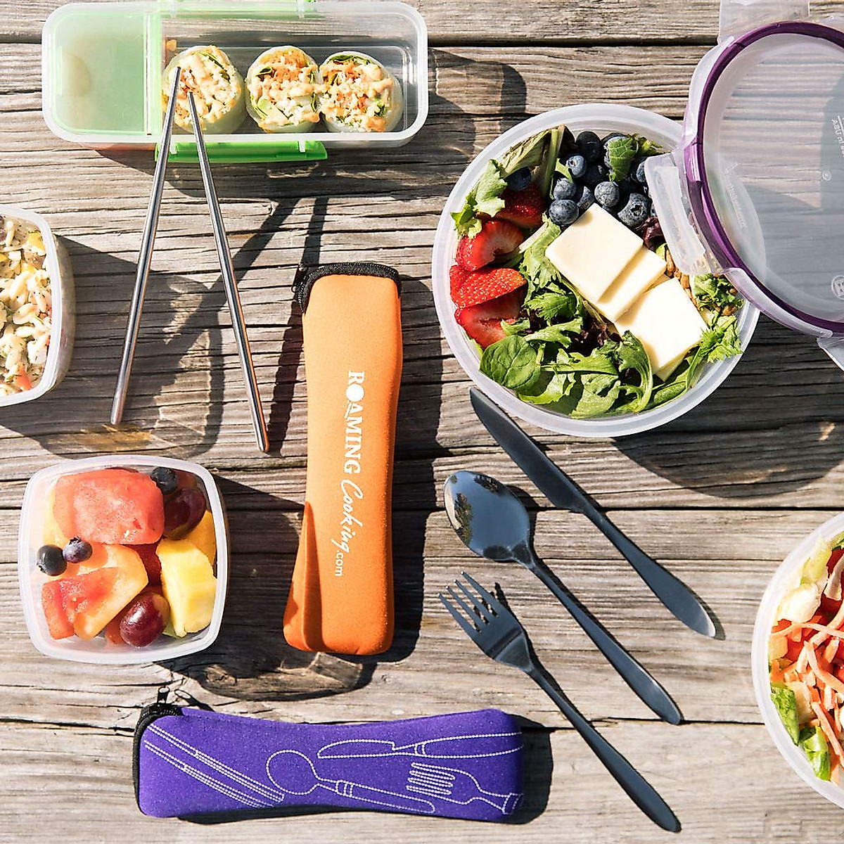 Roaming Cooking Reusable Travel Utensils with Case | Fork and Spoon Set with Knife, Chopsticks and Optional Reusable Straw– Office, Travel, or Camping Accessories| Lightweight Sturdy Reusable Utensils