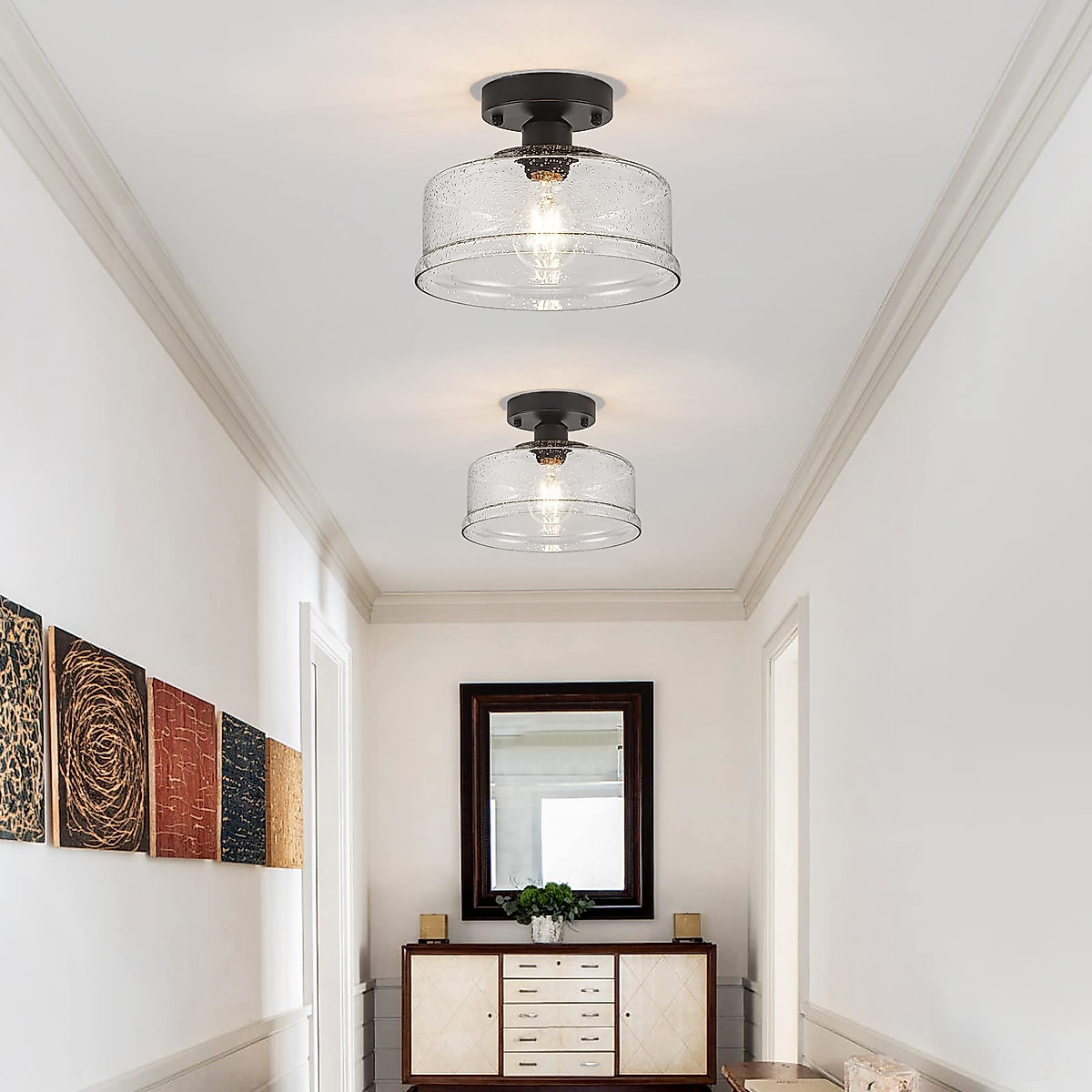 TSMKLEDAN Semi Flush Mount Ceiling Light, Modern Light Fixture Ceiling Mount with Seeded Glass Shade, Black Farmhouse Light Fixtures for Hallway Porch Bedroom Corridor Kitchen