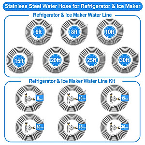 Refrigerator water line - 10 FT Premium Stainless Steel Braided Ice Maker Water Hose,Food grade PEX Inner Tube Fridge Water Line with 1/4" Fittings for Refrigerator Ice Maker