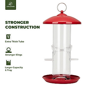 Kingsyard Tube Wild Bird Feeders for Outside Hanging, Finch Feeder with Metal Weatherproof Roof and Round Feeding Tray, 2.5 lbs Seed Capacity (Red)