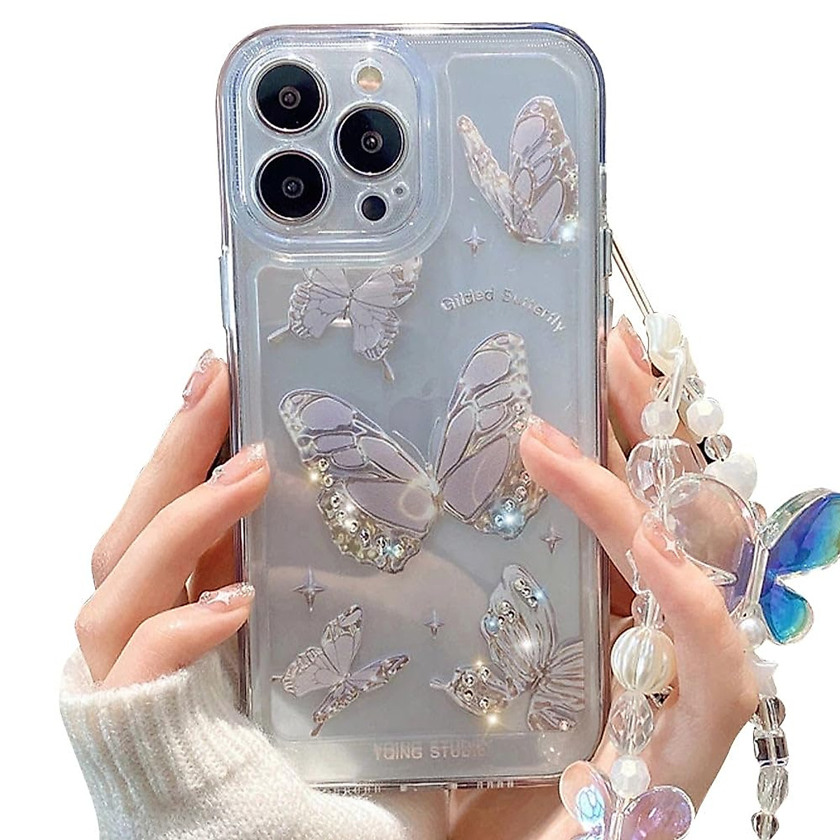 Casechics Compatible with iPhone Case,Luxury Crystal Clear Cute Bling Butterfly Wristband Strap Bracelet Chain Transparent Soft Shockproof Cover Phone Case (White,iPhone 15 Plus)