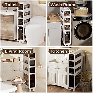 ybaymy 4-Tier Narrow Slit Storage Cabinet, 6.7″ Slim Bathroom Floor Cabinet, Movable Toilet Paper Holder,Narrow Waterproof Side Bathroom Organizer for Kitchen Bedroom Laundry,Already Assembled