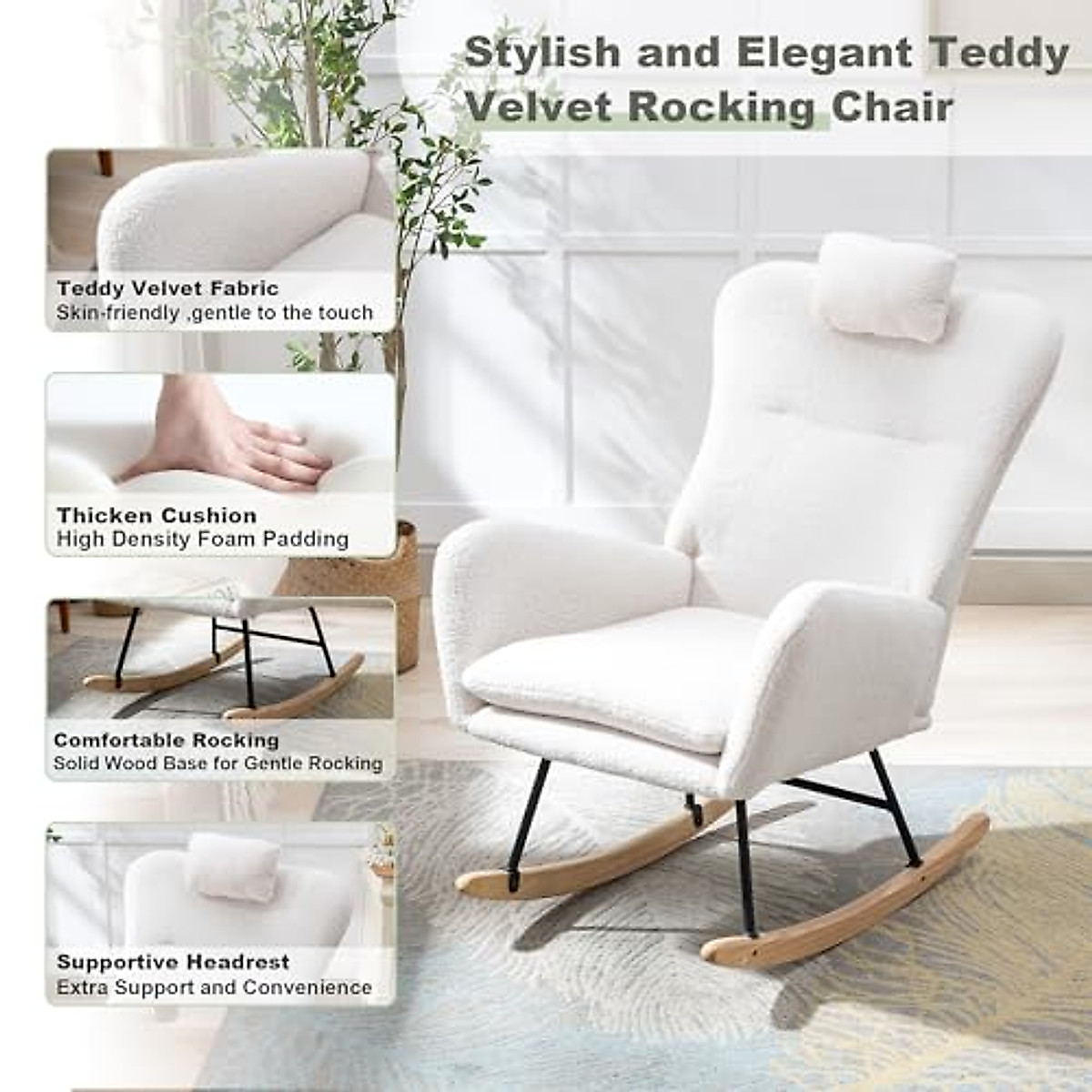 HForesty Teddy Rocking Chairs, Glider Chair for Nursery with Armrests, Upholstered Velvet Nursery Chair with Headrest, Glider Rocker with Backrest, Comfy Chair for Bedroom, Living Room, Kitchen