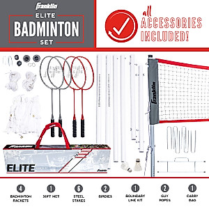 Franklin Sports Elite Badminton Net Set - Includes Badminton Rackets, Poles/Net, Stakes, Ropes, Boundary Kit - Beach or Backyard Volleyball Badminton- Easy Setup,Black