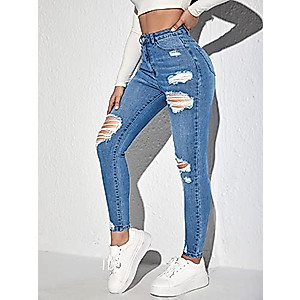MakeMeChic Women's Ripped Skinny Jeans Casual High Waisted Distressed Stretch Denim Pants Blue A L