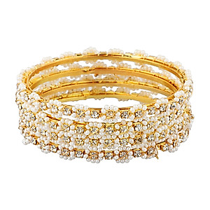 Efulgenz Pearl Bangles for Women Indian Bangles Faux Pearl White Pearl Indian Bangles Crystal Traditional Wedding Bracelet Bangle Set Bolloywood Jewelry