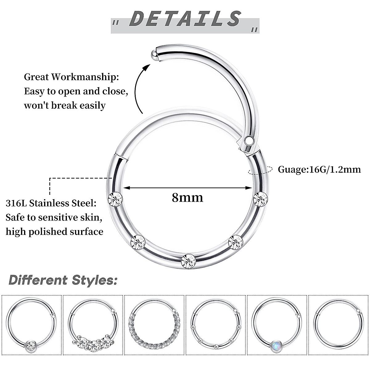 FIBO STEEL Cartilage Hoop Earrings for Men Women Stainless Steel CBR Hinged Clicker Nose Ring Helix Septum Couch Daith Lip Tragus Piercing Sleeper Earrings Jewelry Set Silver 18G 8MM