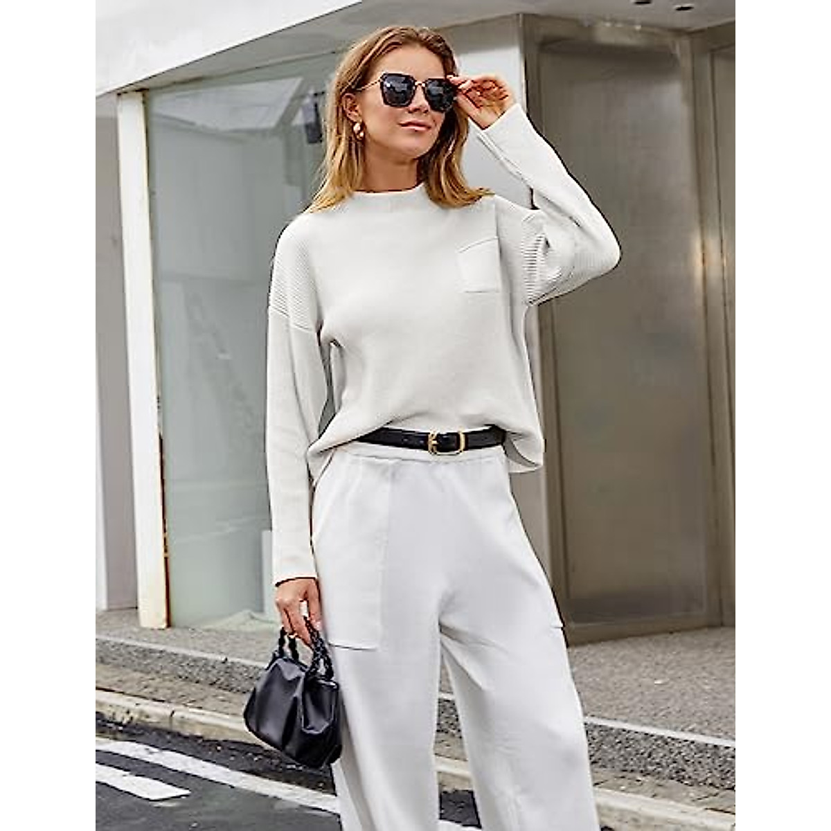 Bianstore Women's Two Piece Outfits Long Sleeve Knit Top Fall Sweater Set Loose Pants Sweatsuit Lounge Sets(PureWhite-M)