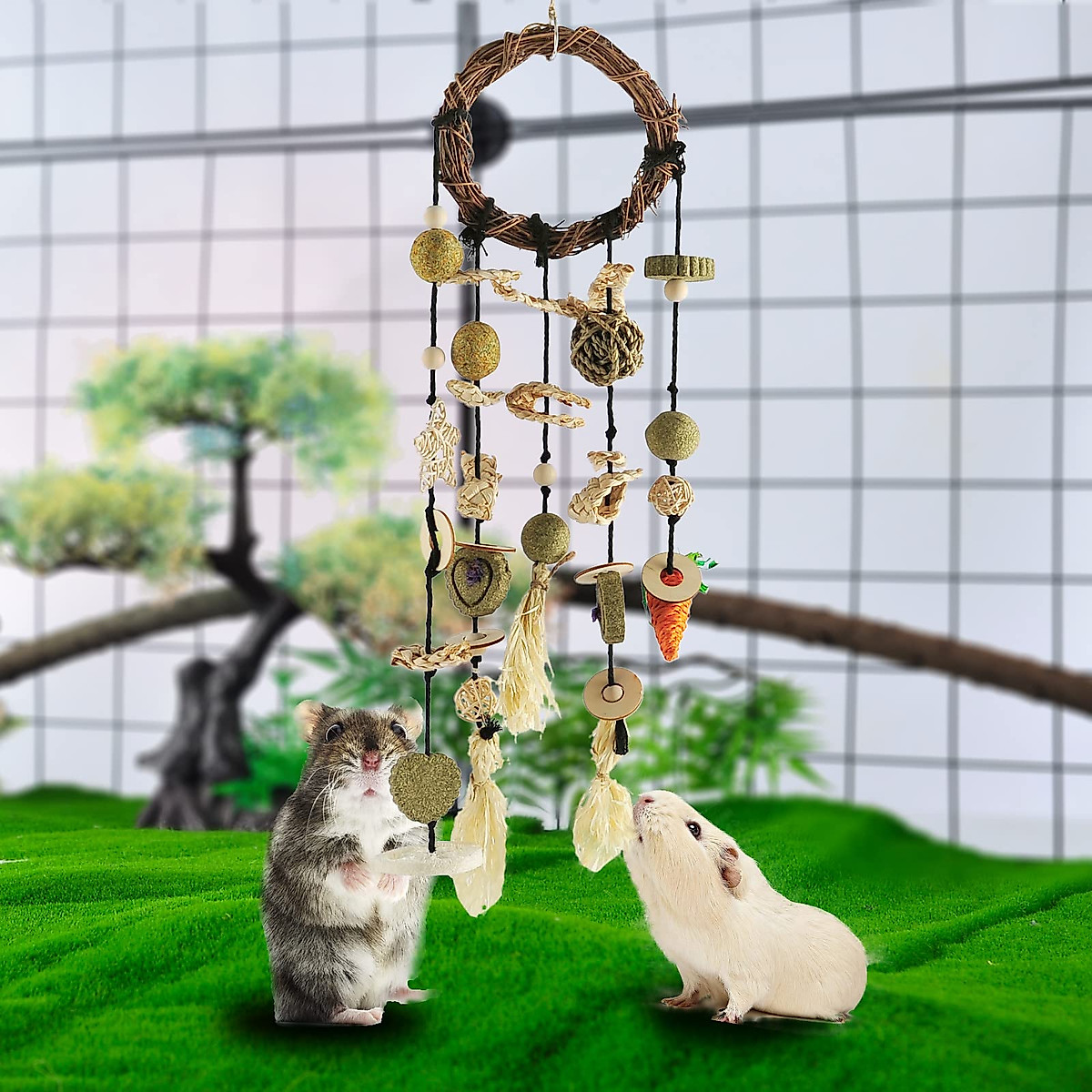 DAMPET 5 Strings， Bunny Teeth Grinding Chew Toys, Rabbit Cage Hanging Chew Toys, All Natural Materials for Guinea Pigs, Hamsters, Rabbits and Rats