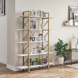 YITAHOME 5-Tier Gold Bookshelf, Artsy Modern Freestanding 5 Shelf Bookcases and Bookshelves, Book Rack, Storage Rack Shelves in in Living Room Home Office, Gold & White