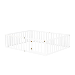 Harper & Bright Designs Queen Floor Bed for Kids, Montessori Bed Frame with Guardrails and Door, Wooden Floor Queen Bed for Kids, Boys Girls(Queen Size, White)