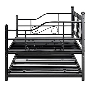RORIGAT Twin Daybed with Trundle, Metal Day Bed with Adjustable Trundle, Twin to King Daybed with Portable Folding Trundle for Kids Teens Adults, Heavy Duty Steel Slat Support, Black