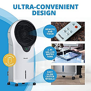 Newair Evaporative Cooler 470 CFM 250 sq. ft. Freestanding Home Air Cooler 3 Fan Speeds 1.45 Gallon Water Tank, White Easy Glide Wheels Remote Control Included