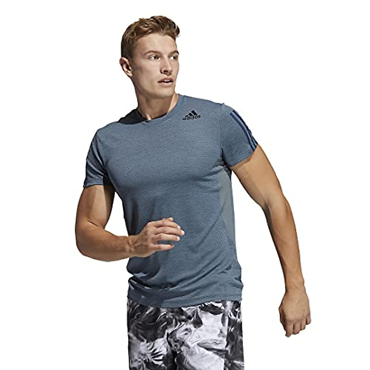 adidas Mens Heat.RDY 3-Stripes Tee Blue Oxide Large