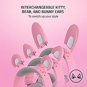 Razer Kraken Kitty V2 Pro Wired RGB Headset: Interchangeable Ears (Kitty, Bear, Bunny) - Stream Reactive Lighting - Detachable HyperClear Cardioid Mic - 50mm Drivers - 7.1 Surround Sound - Quartz Pink