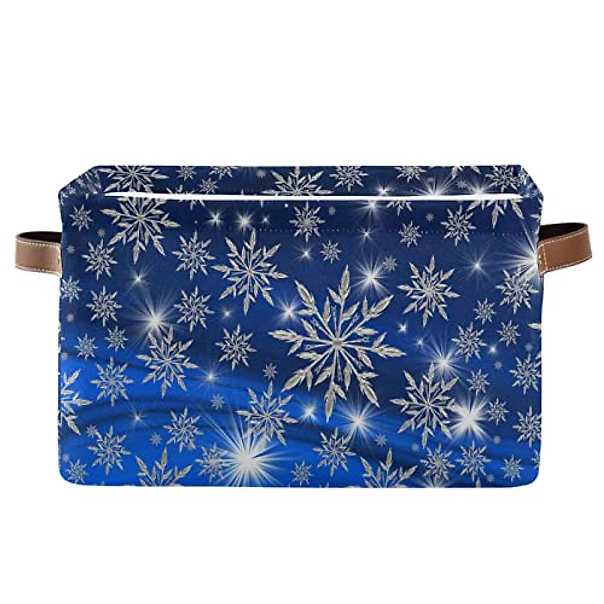 Winter Christmas Blue Snowflakes Storage Basket Xmas Snow Flakes Storage Organizer Box Bin Large Collapsible Cube Baskets with PU Handles for Shelf Closet Nursery Laundry 1 Pack