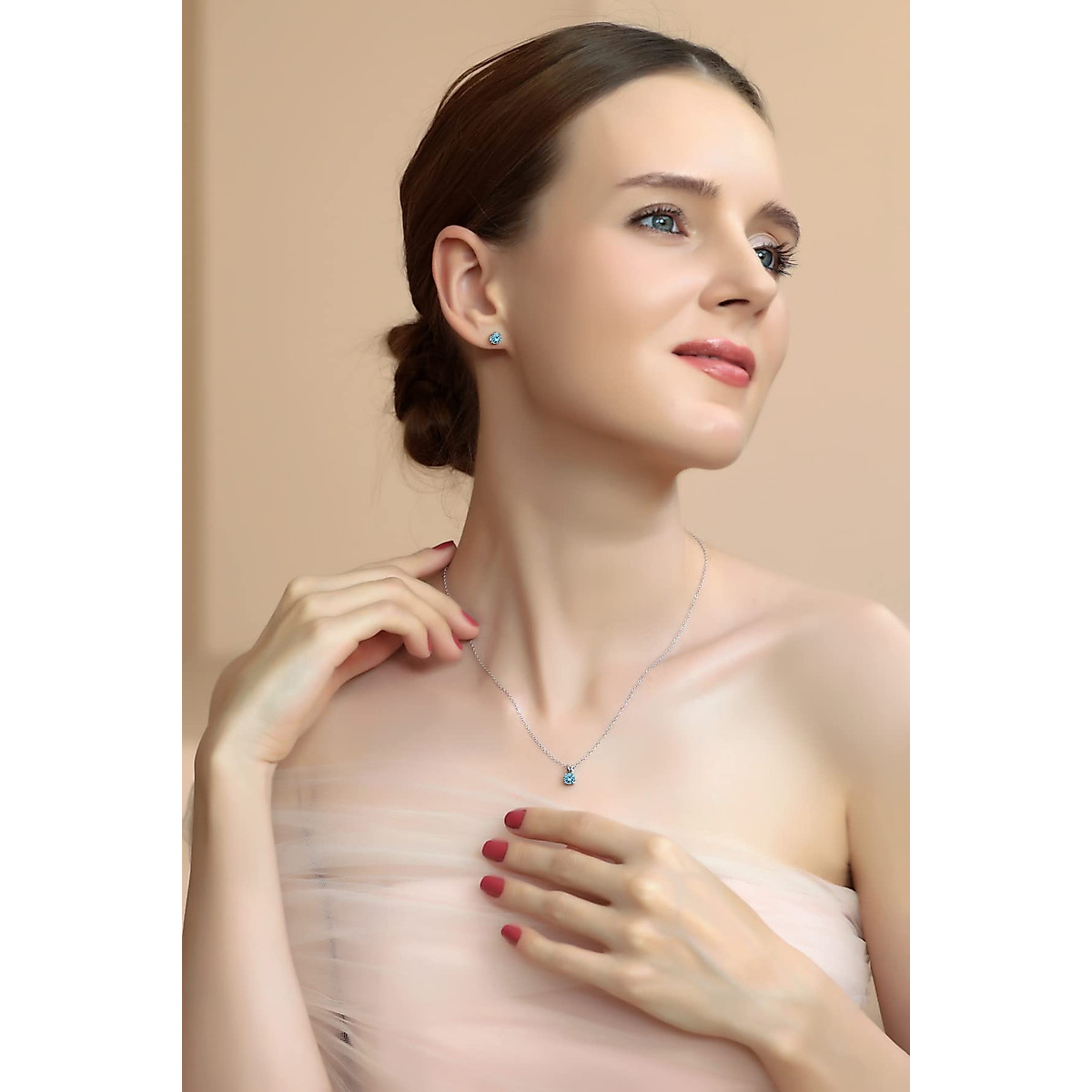 B. BRILLIANT Sterling Silver Solitaire Light Blue European Crystals Necklace & Stud Earrings Jewelry Set for Women | March Birthstone