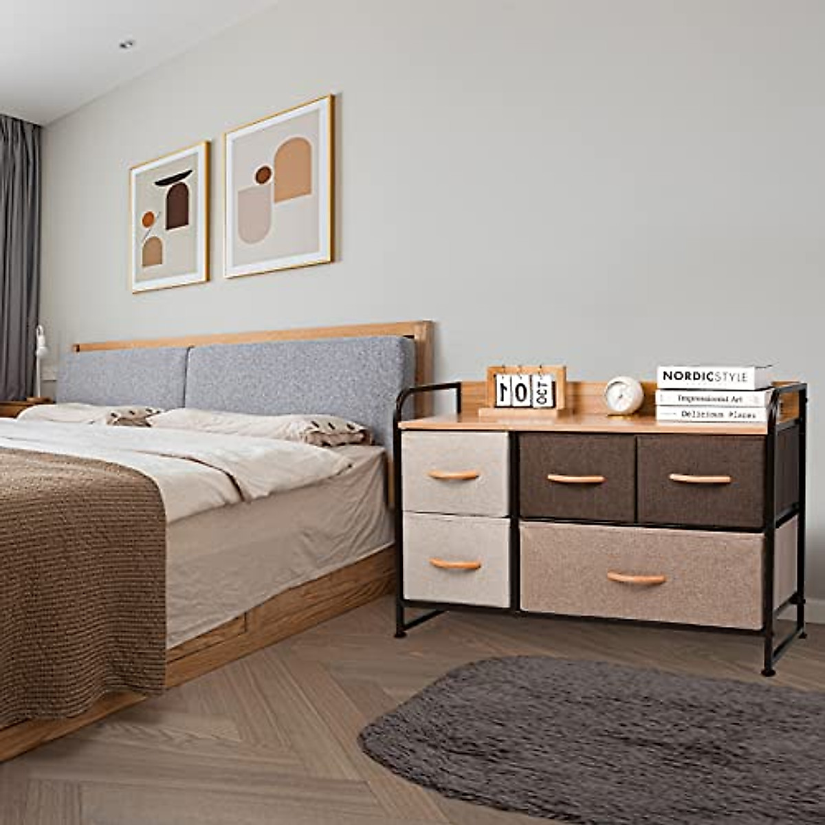 CONNOO Extra Wide Dresser Storage Tower, 5 Drawers Organizer Unit for Bedroom, Wood Top and Easy Pull Handle for Closets, Hallway, Entryway, Closets, Nurseries