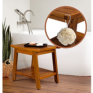 TEAKMAMA 21 Inch 100% Teak Shower Bench with Storage Shelf and Handles, Teak Wood Shower Stool & Spa, Waterproof Shower Bench for Indoor and Outdoor Use, Bathroom Stools for Adults Sitting