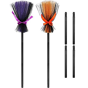 2 Pieces Halloween Witch Broom Kids Cosplay Broom Prop Plastic Broom Props for Halloween Party Costume Accessories, Orange and Purple