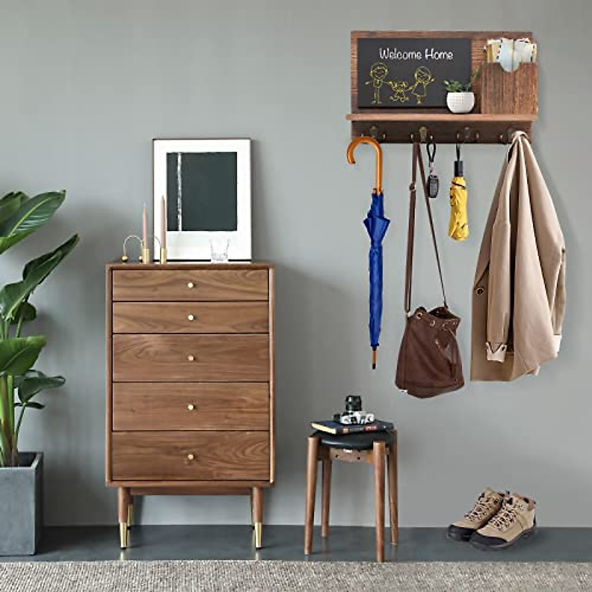 NUKied Key Holder for Wall Decorative, Mail Organizer Wall Mount with 4 Double Key Hooks and Message Board, Rustic Wooden Key and Mail Holder for Wall, Home Decor for Entryway, Hallway, Brown