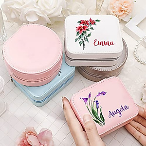 SWIMFUN Bridesmaid Proposal Gifts Custom Leather Jewelry Box, Colorful Birth Flower Travel Jewelry Case Ring Box, Wedding Bachelorette Mom Gifts for Women Girls