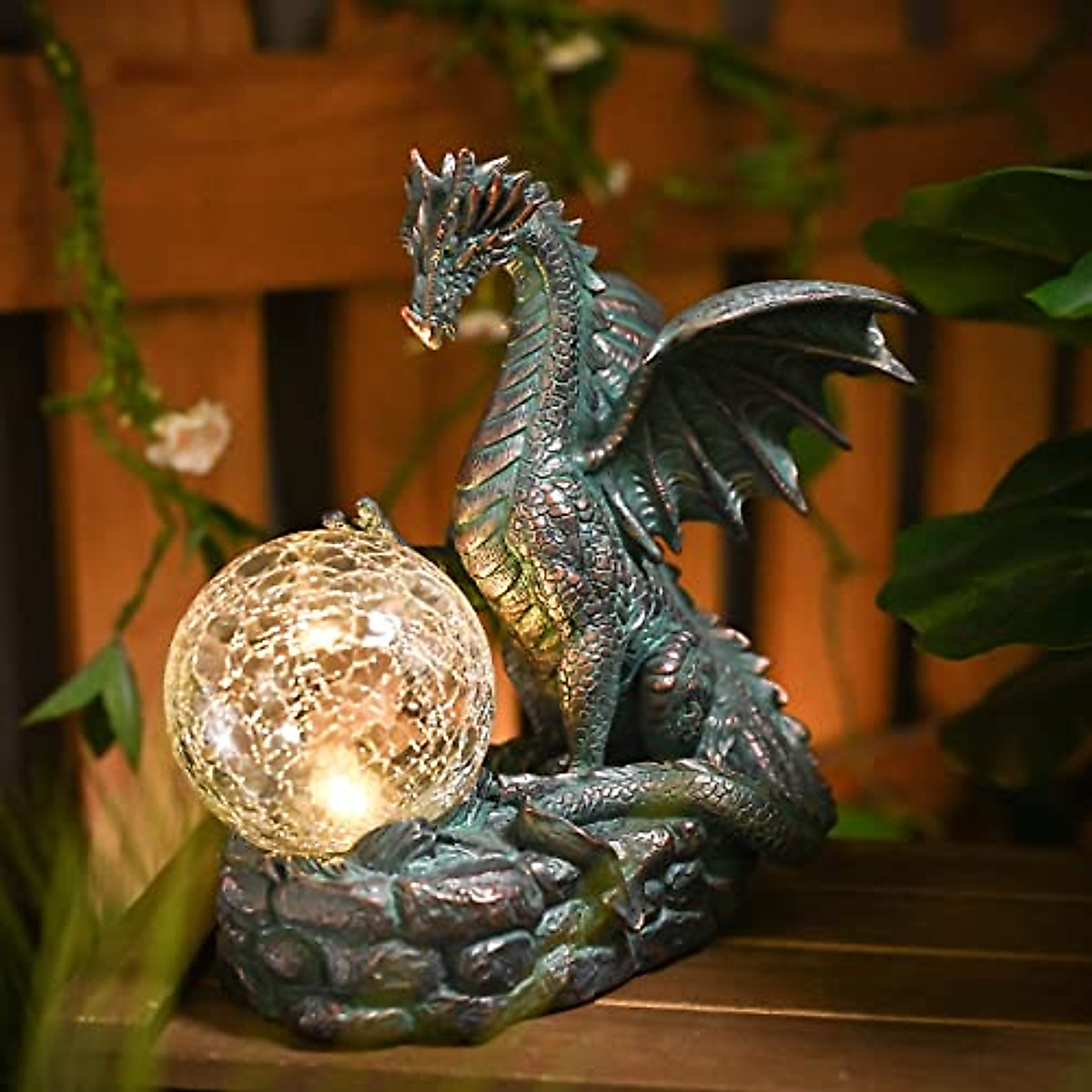 TERESA'S COLLECTIONS Garden Sculptures & Statues, Solar Dragon Outdoor Statues Figurines, Resin Bronze Gothic Decor Lawn Ornaments for Patio Table Deck Balcony Yard Decorations, 8.9 Inch