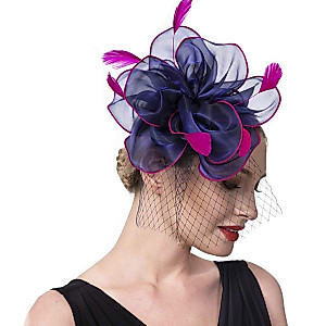 Fascinators Hat for Women Tea Party Headband Girls Flapper Headpiece Kentucky Church Derby Wedding (FM02-Navy and Rose)
