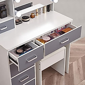Large Vanity Desk Set with Sliding Lighted Mirror Hidden Storage, 6 Drawers, Vanities Dressing Makeup Table with LED Lights, Hidden Shelves & Cushioned Stool for Bedroom