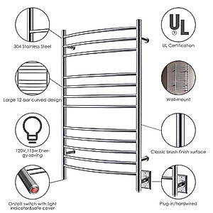 TOYEEKA Towel Warmer Wall Mounted 10 Bar Hardwired Curved Towel Electric Warm Bath Towel Heater