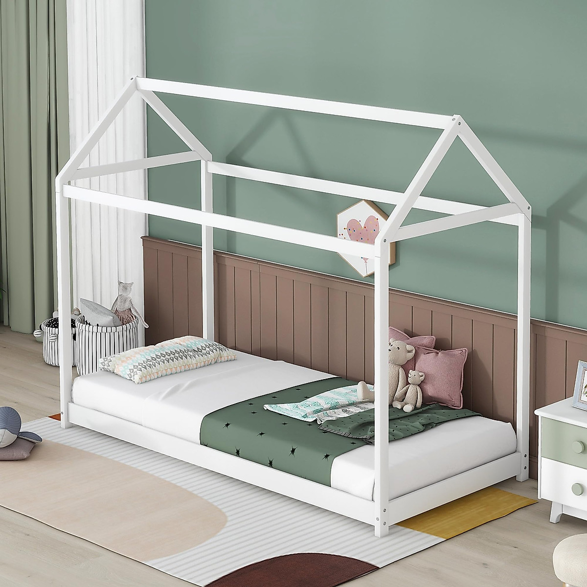 Twin Size House Bed, Wooden Daybed, Floor Bed for Toddlers, Teens, Girls, Boys, Kids House Bed Frame Can Be Decorated (White)