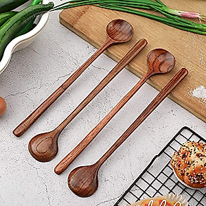 Patelai 6 Pcs 11 inch Long Spoons Wooden Long Handle Round Spoons Korean Style Soup Spoons for Soup Cooking Mixing Stirring Kitchen Tools Utensils