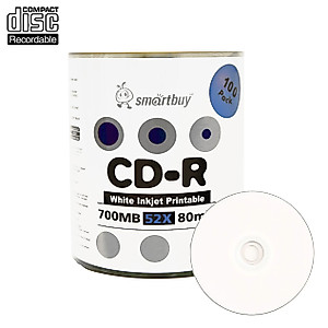 Smartbuy 100-disc 700mb/80min 52x CD-R White Inkjet Hub Printable Blank Recordable Media Disc