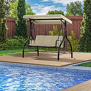 YITAHOME Porch Swing Bed 3-Seats Outdoor Patio Swing Heavy Duty Swing Chair with Adjustable Canopy Removable Cushion, Suitable for Adult in Garden, Poolside, Balcony, Beige
