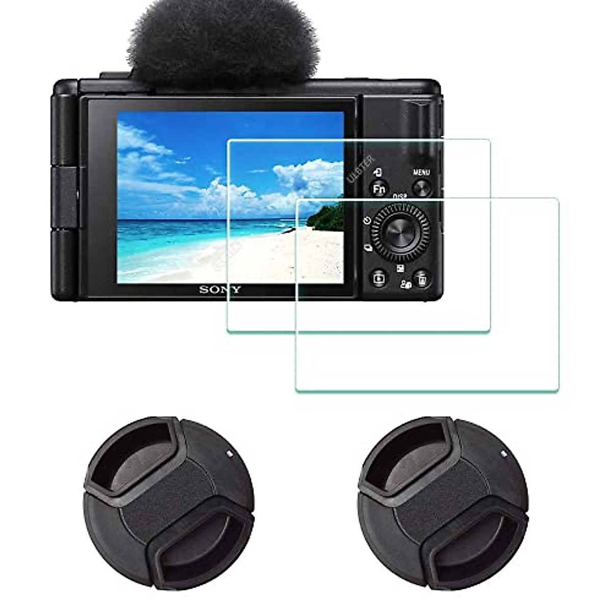 ULBTER Screen Protector for Sony ZV-1F Vlog Camera & Lens Cap Cover 0.3mm 9H Hardness Tempered Glass Cover Anti-Scrach Anti-Fingerprint Anti-Dust Anti-Bubble [2+2 Pack]