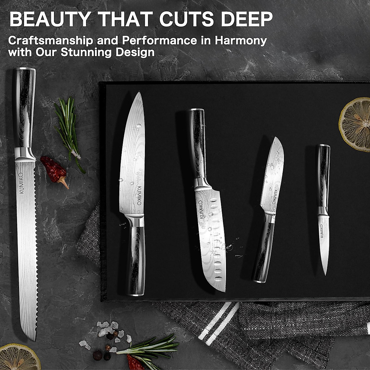 KUMIKO Kitchen Knife Set Black, Cooking Knife Set Professional, Ultra Sharp High Carbon Stainless Steel Knives (7Cr17MOV), 5 Piece Knife Set