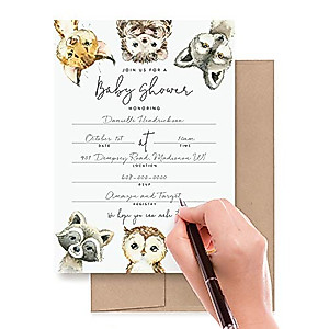 Bliss Collections 25 Baby Shower Invitations with Envelopes Woodland Animals, Forest Creatures, Fox, Owl, Racoon, Wolf, Hedgehog, Bobcat - Gender Neutral, 5x7 Cards